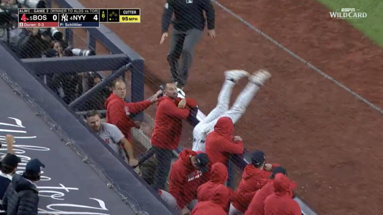 WATCH: Yankees Player Flips into Red Sox Dugout to Make Acrobatic Catch ...