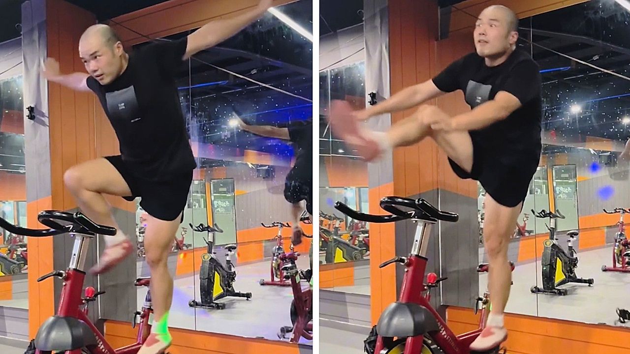 Flying fitness fanatic! Enthusiastic spin class instructor shows off ...
