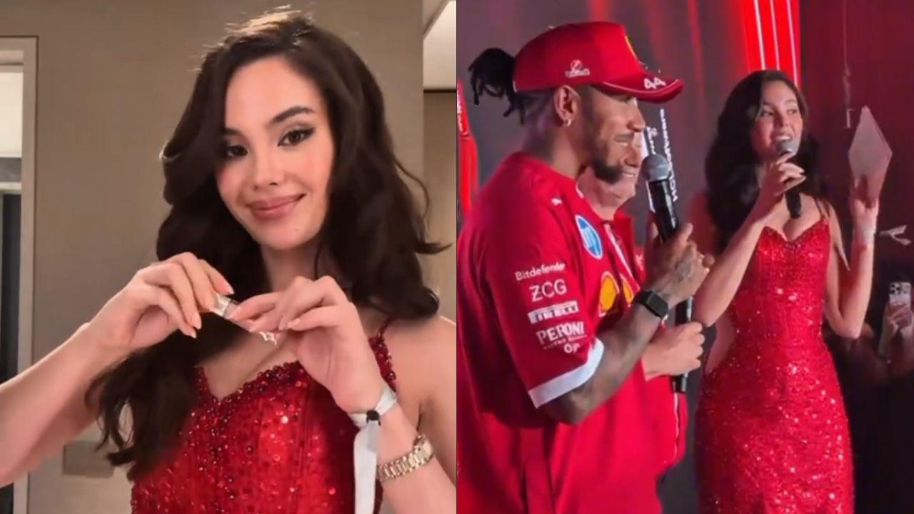 Catriona Gray hosts Ferrari Night in Singapore in lava red gown