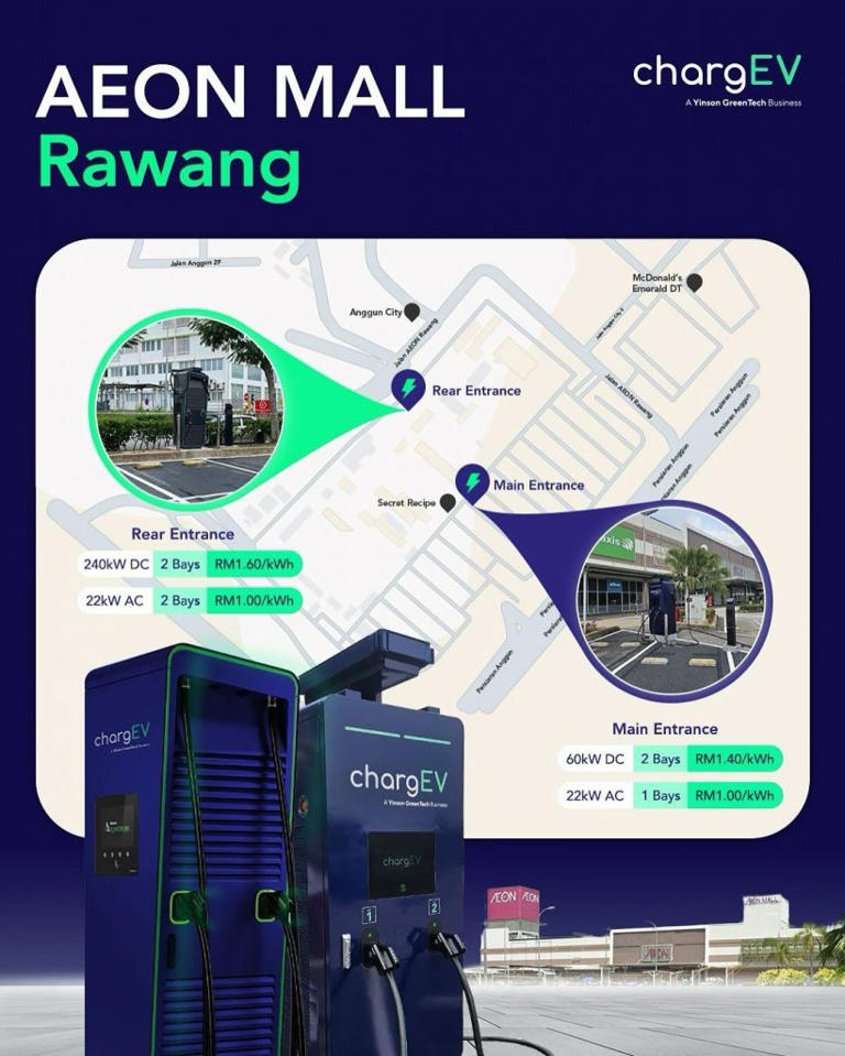 ChargEV deploys 7 EV charging bays at Aeon Mall Rawang, up to 240kW DC ...