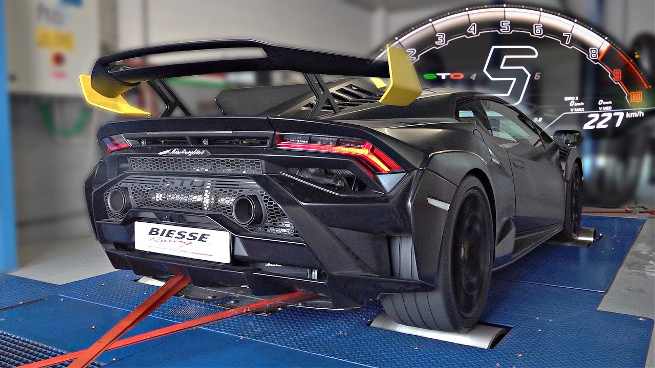 Lamborghini Huracan STO s výfukem Novitec na válcové zkušebně