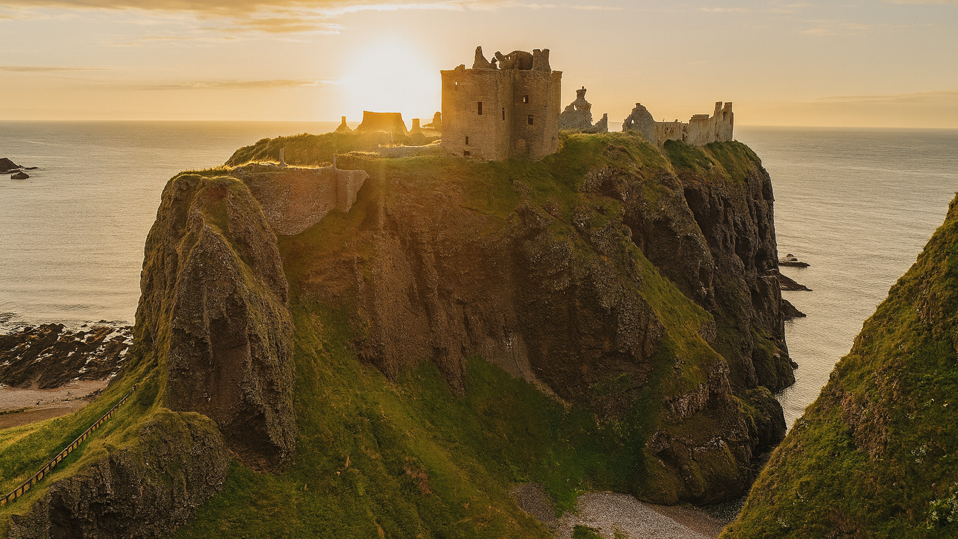 Château de Dunnottar, Écosse – Coucher de soleil sur la mer du Nord en 4K