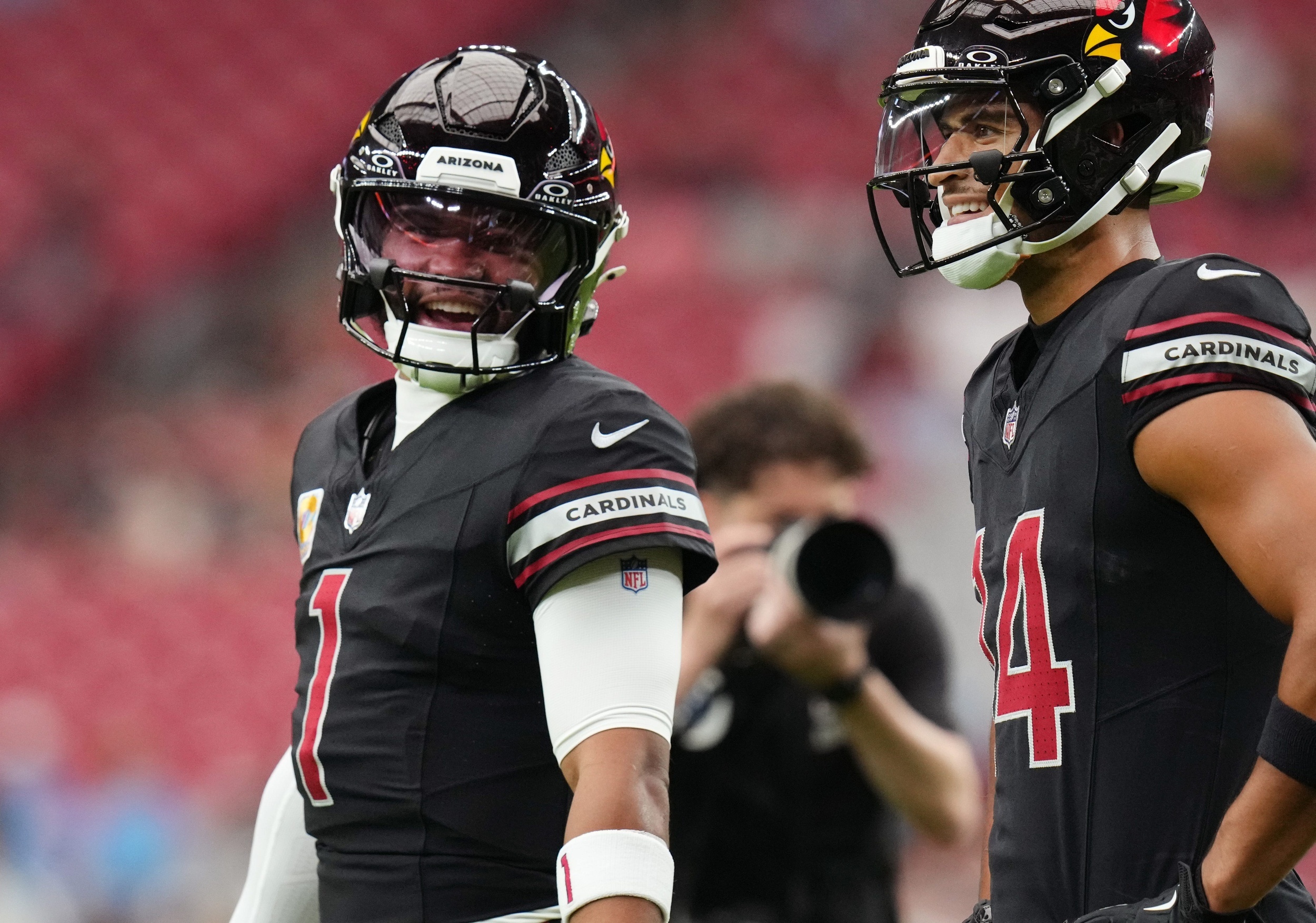 Cardinals QB Kyler Murray reacts to Emari Demercado’s fumble at goal line