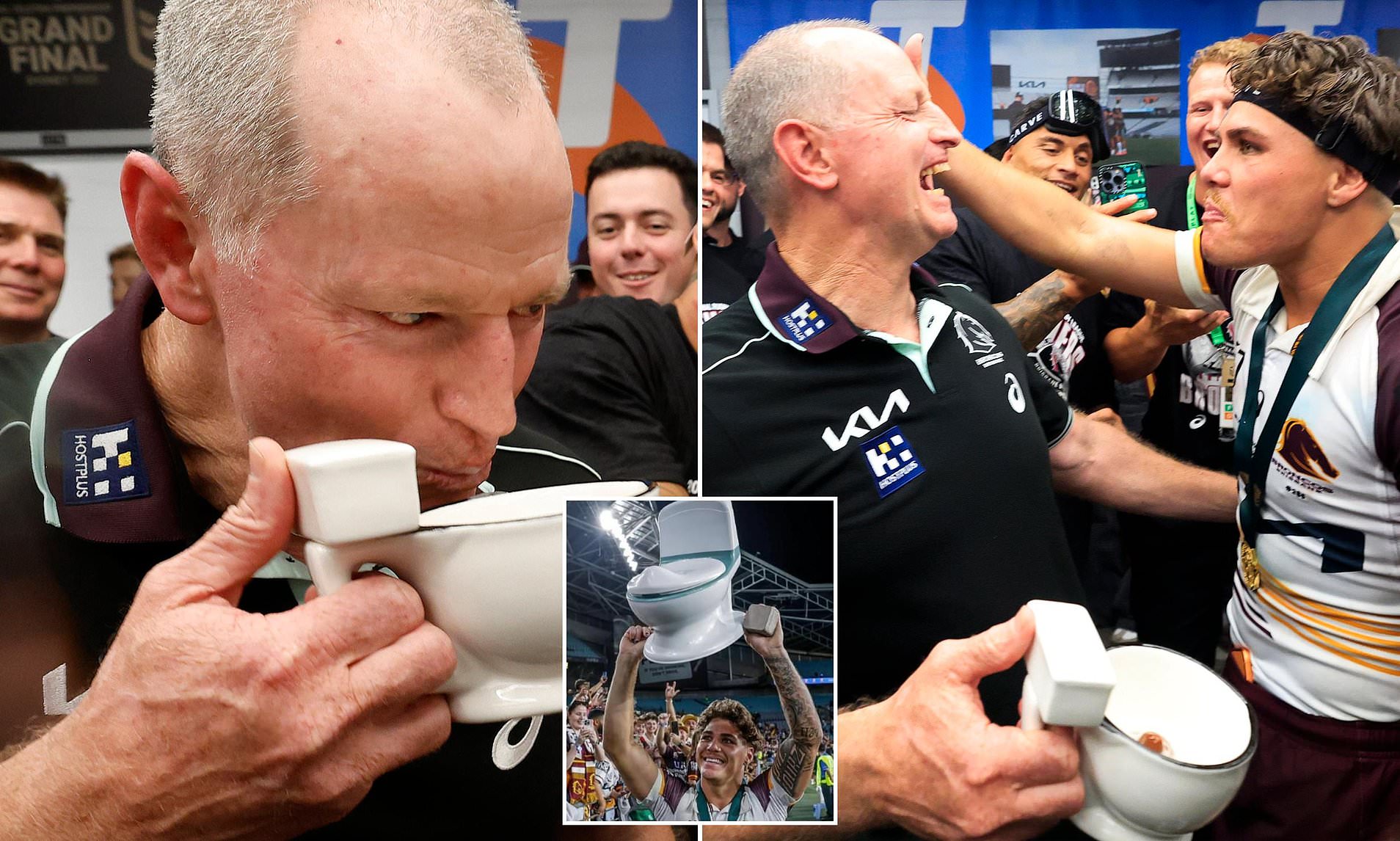 Broncos coach Michael Maguire drinks from a toilet as Reece Walsh joins ...