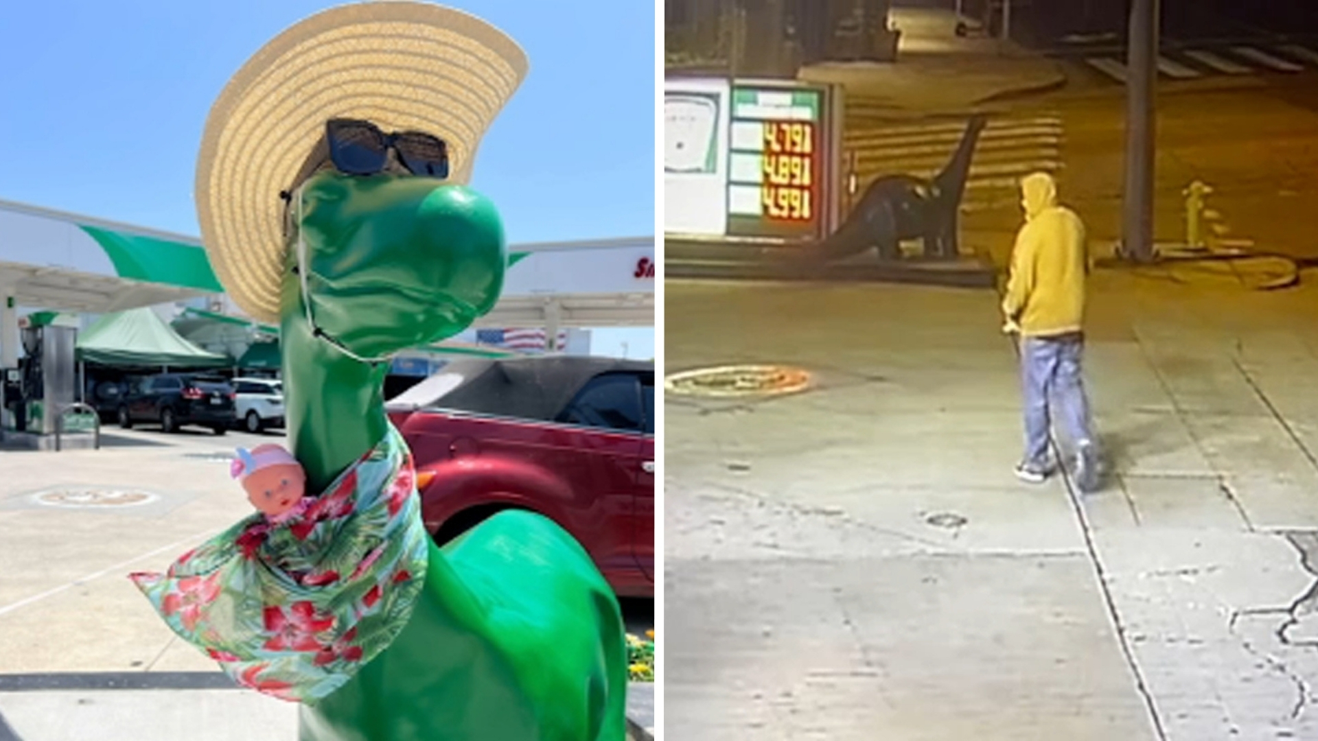 Video shows man stealing beloved Brentwood gas station dinosaur