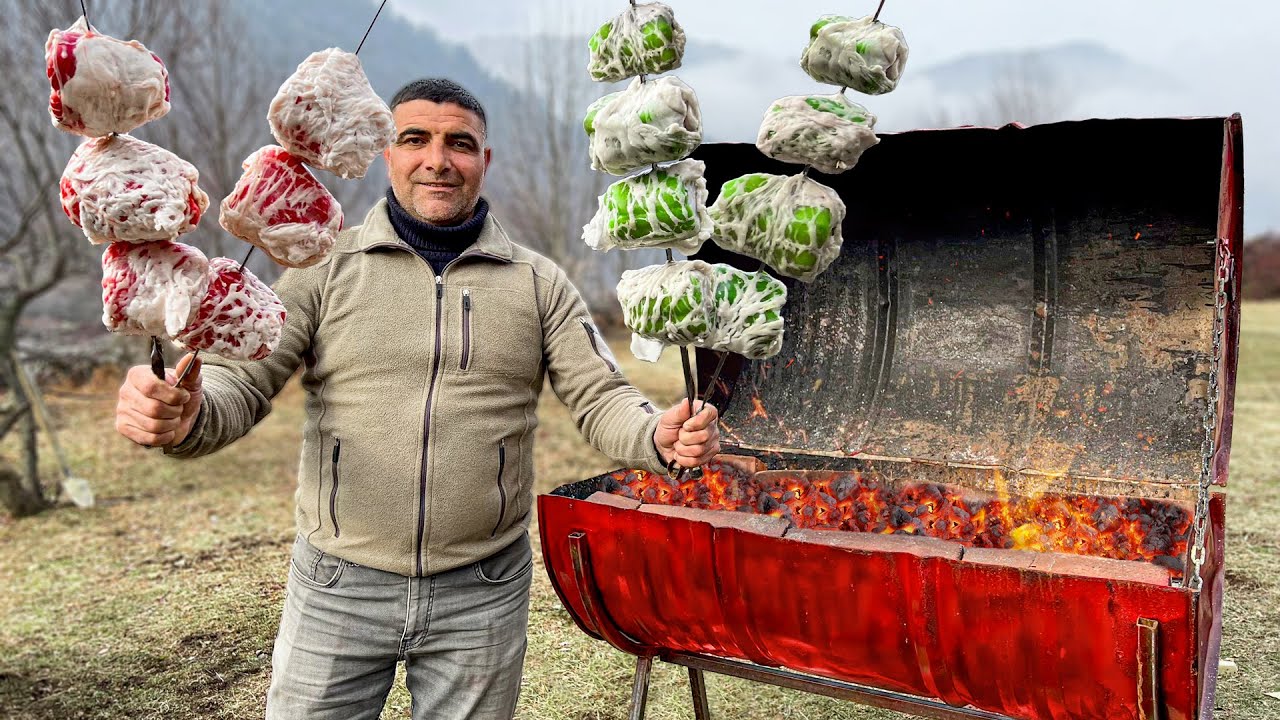 Dolma Khan kebabs cooked on a homemade grill