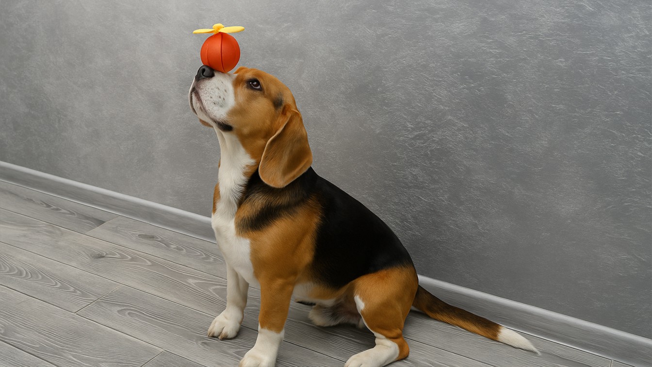 Beagle balanceert speelgoedbal op zijn neus