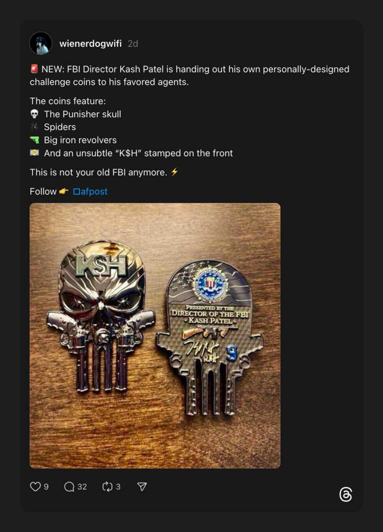 Kash Patel, and law enforcements, troubling worship of "The Punisher"