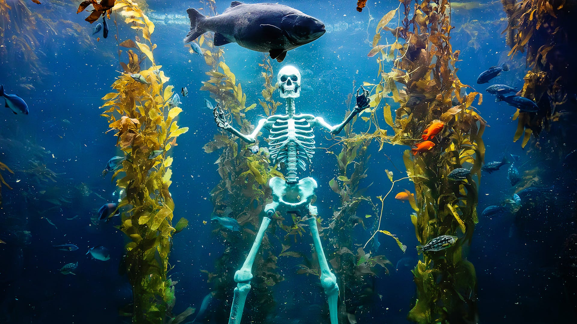 Watch divers assemble giant skeleton for aquarium's Halloween festivities