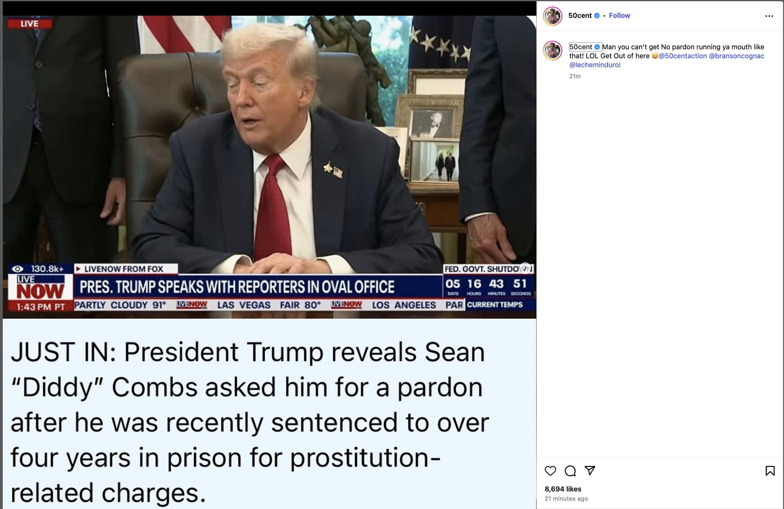 50 Cent Trolls Diddy Following Trump's Claim He Requested a Pardon