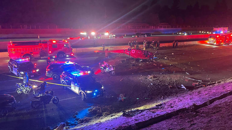 Helicopter crashes on Sacramento freeway; 3 critically injured, officials say