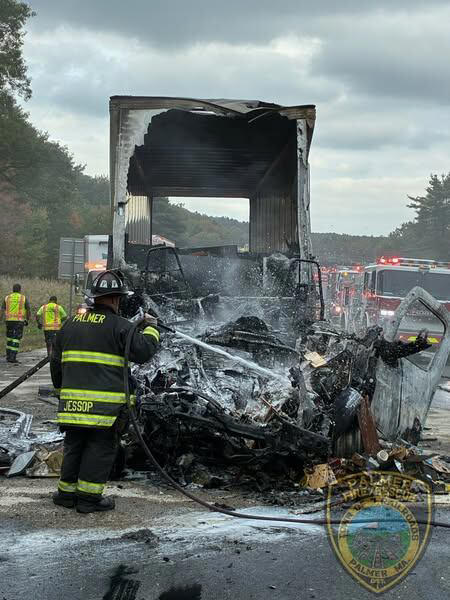 Mass. Pike west in Palmer closed due to truck crash, fire