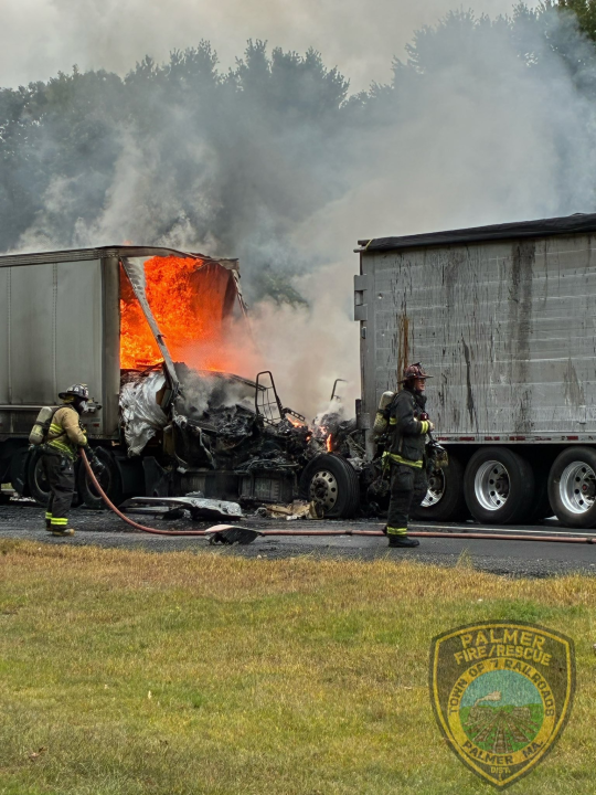 Tractor-trailer collision on I-90 westbound in Palmer starts fire