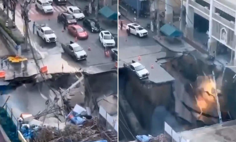 Terrifying moment busy road is sucked into massive 160ft water-filled ...
