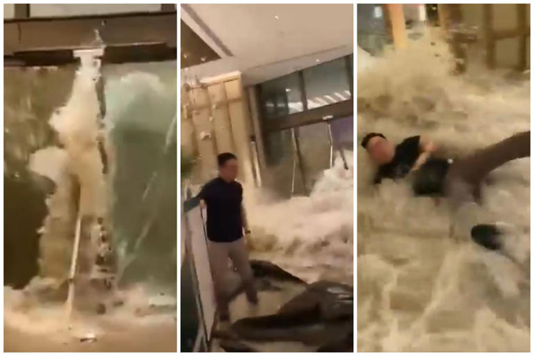 Terrifying moment wall of water smashes through Hong Kong hotel as ...