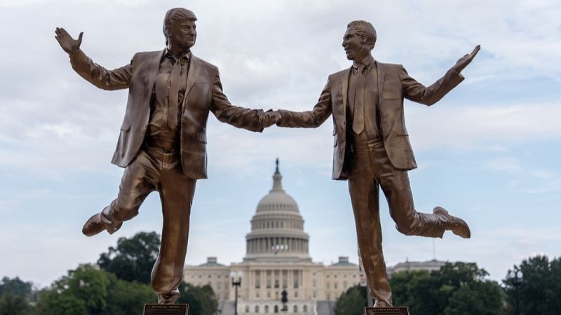 Satirical statue of Trump and Epstein holding hands appears in Washington