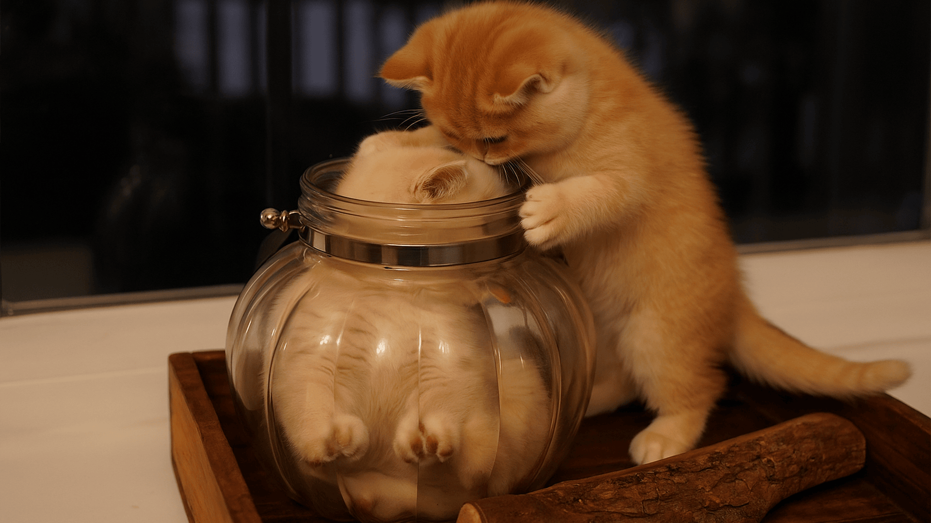 Kittens Playing with a Glass Jar