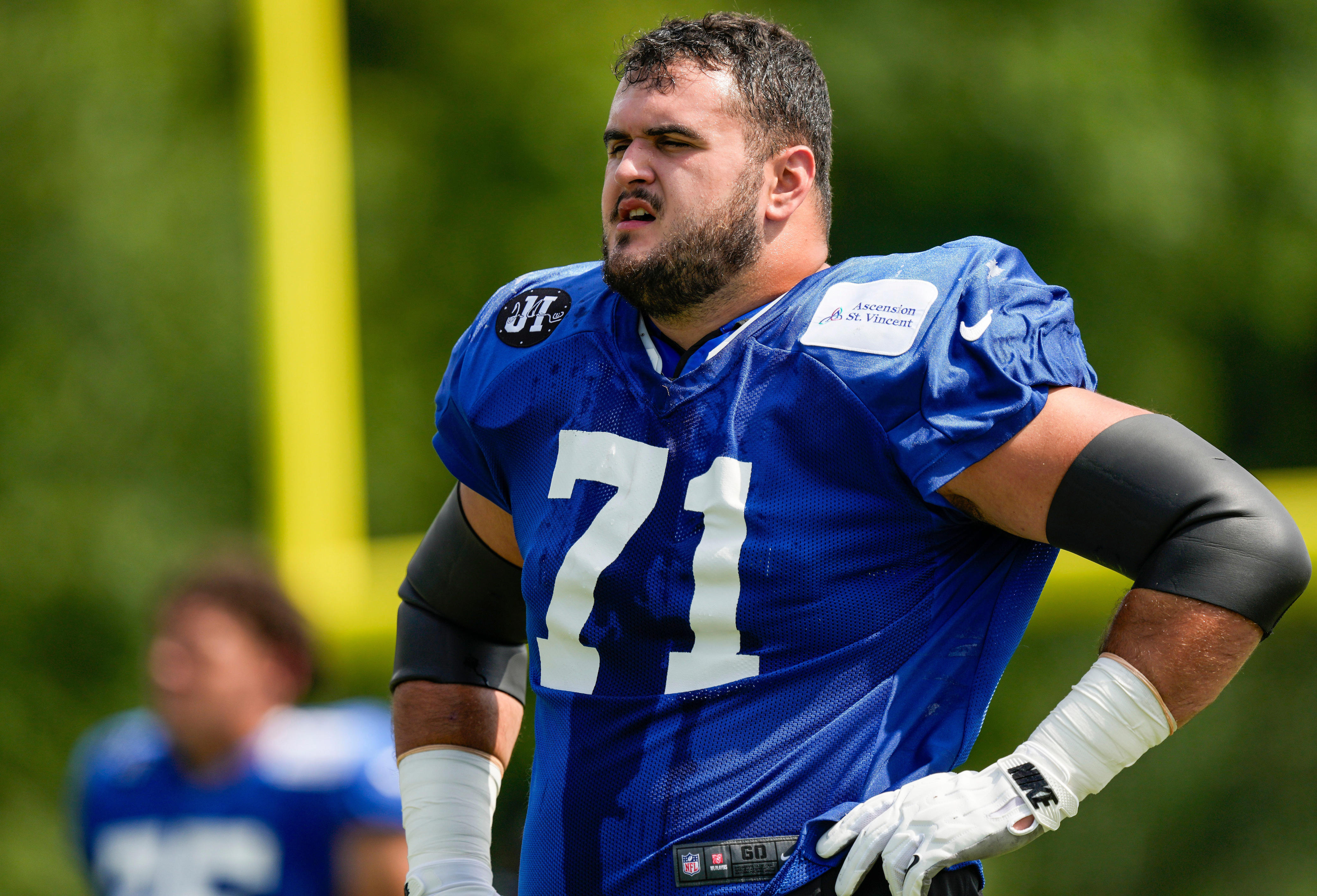 Colts' OL Matt Goncalves not practicing Wednesday; spotted in a boot