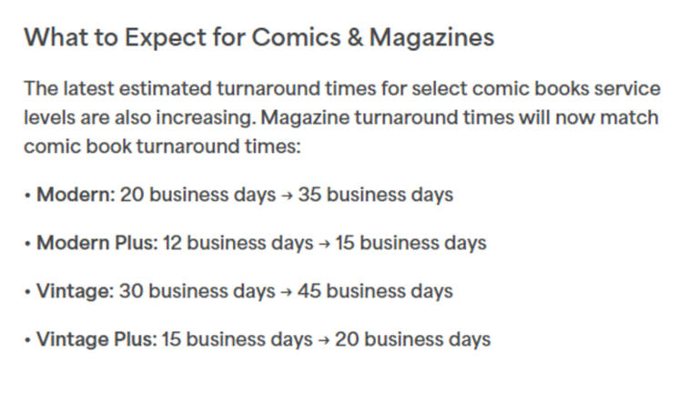 PSA increasing prices, and estimated turnaround times