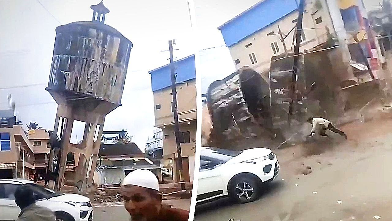 Water tank collapses during construction narrowly missing man