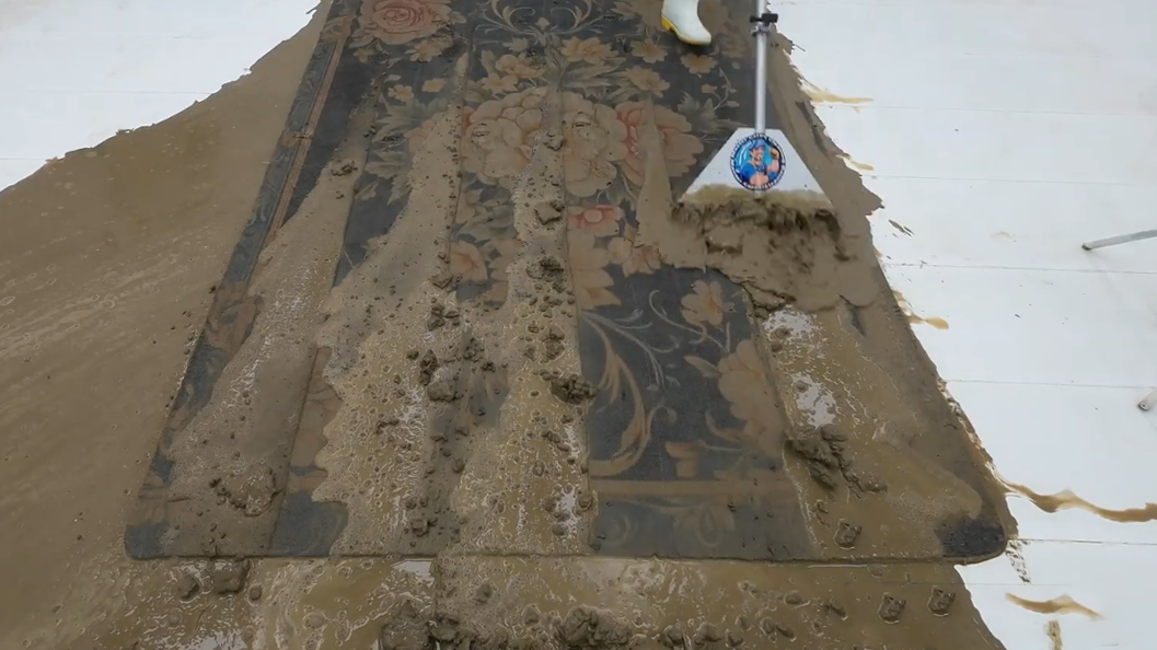 Diep Reiniging van een Vloerkleed Bedekt met Modder, Stof en ...