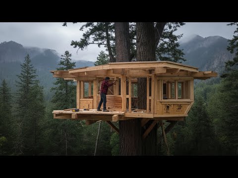 Alone in the Mountains: Man Builds a Large Treehouse