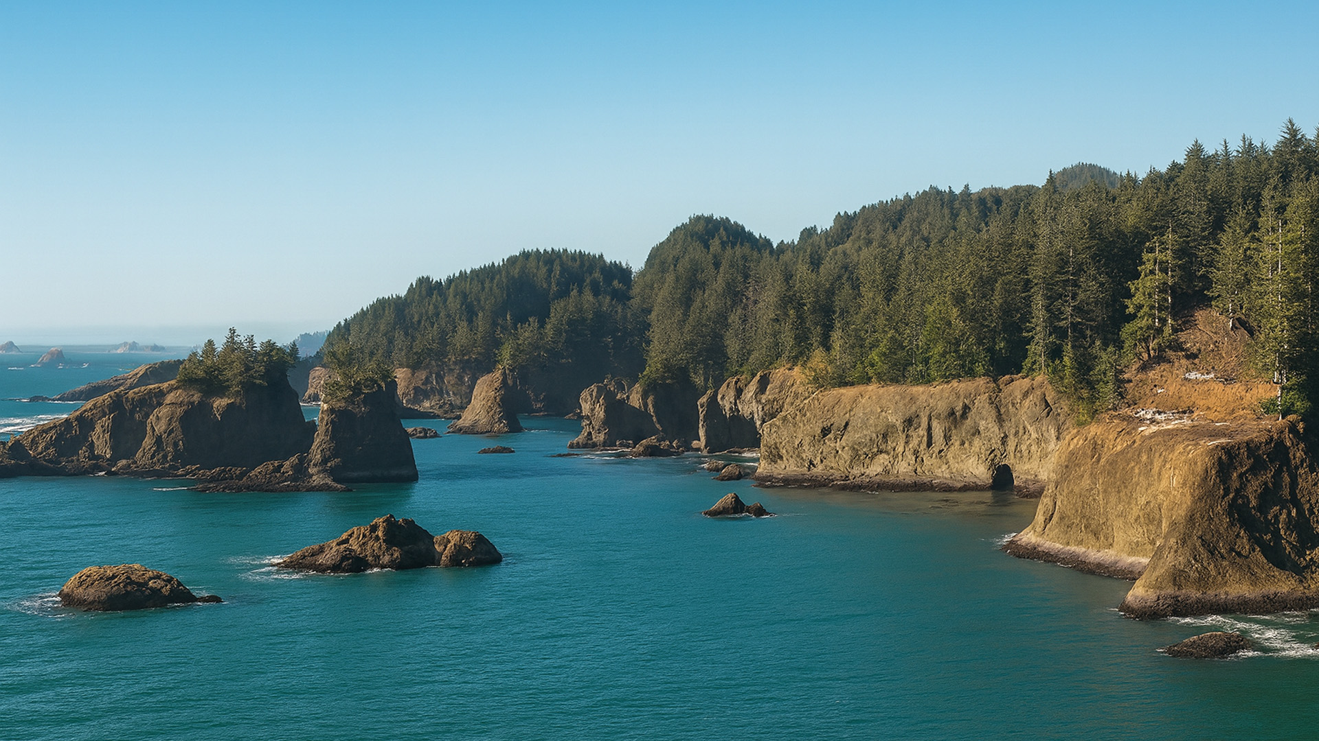 Oregon Coast USA – Forested Cliffs and Rock Formations in 4K