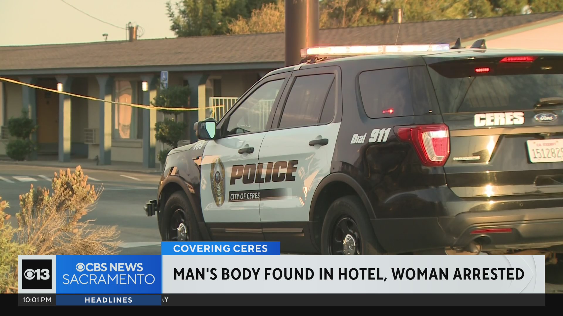 Man's body found in Ceres hotel, woman arrested