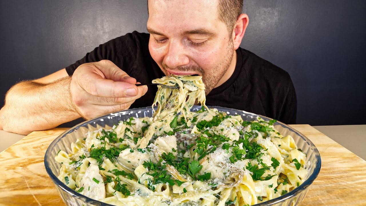 Chicken Alfredo Pasta Mukbang – Cooking & Eating ASMR | Dave Kay ASMR