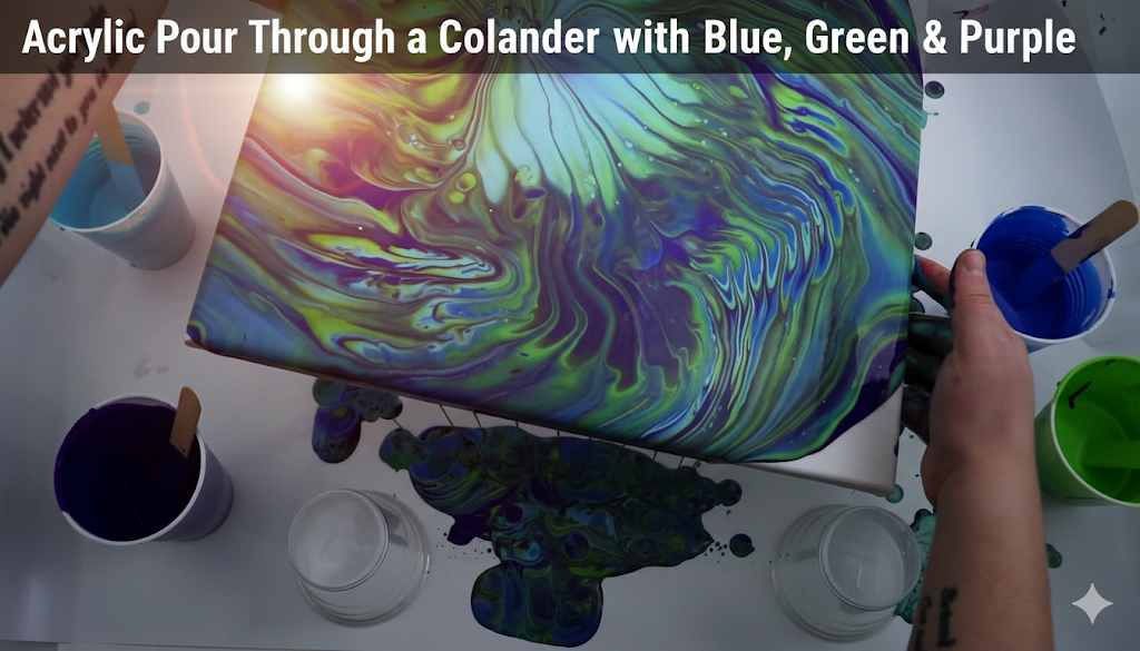 Acrylic Pour Through a Colander with Blue, Green & Purple