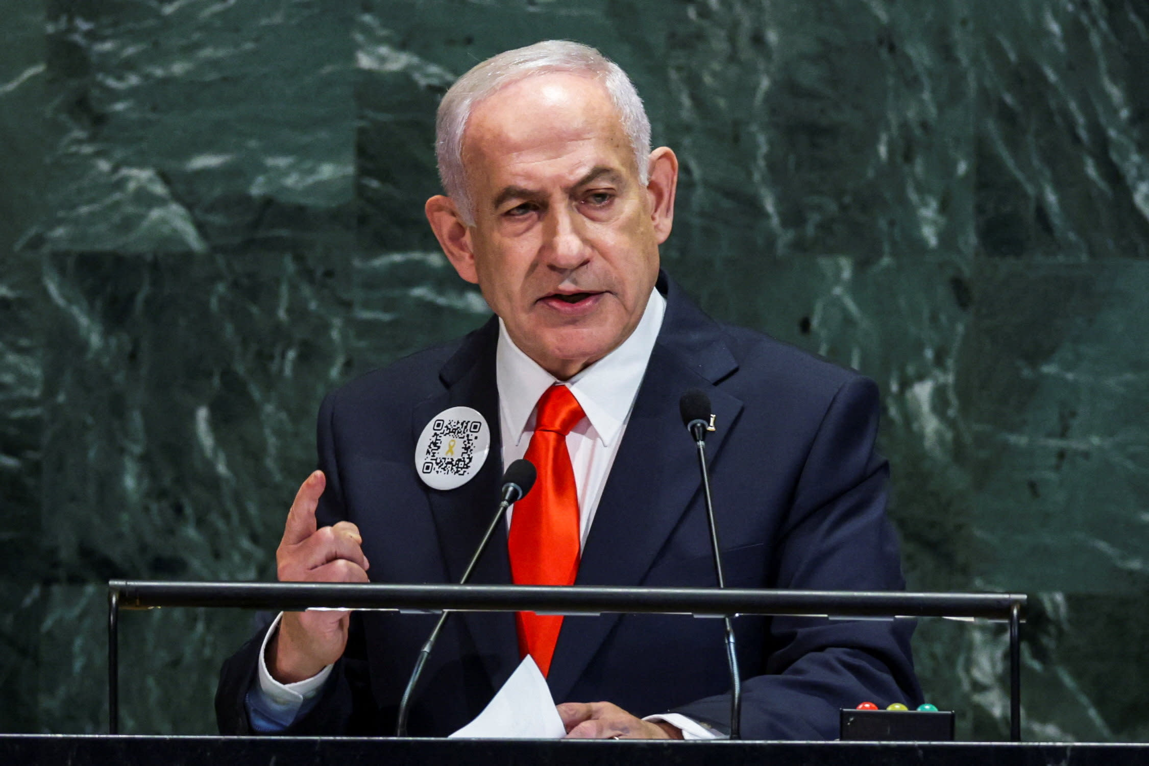 Netanyahu’s UN pin features QR code linking to Oct. 7 horror film