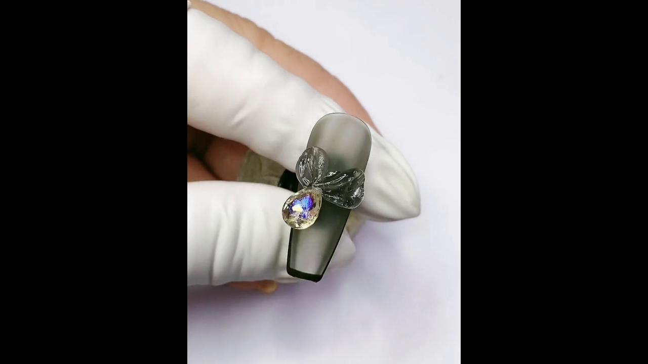 Matte Grey With Crystal Flower Nail Art