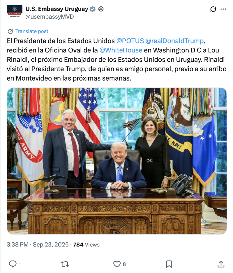 Llegó el nuevo embajador de EE.UU., Lou Rinaldi, amigo personal de Trump