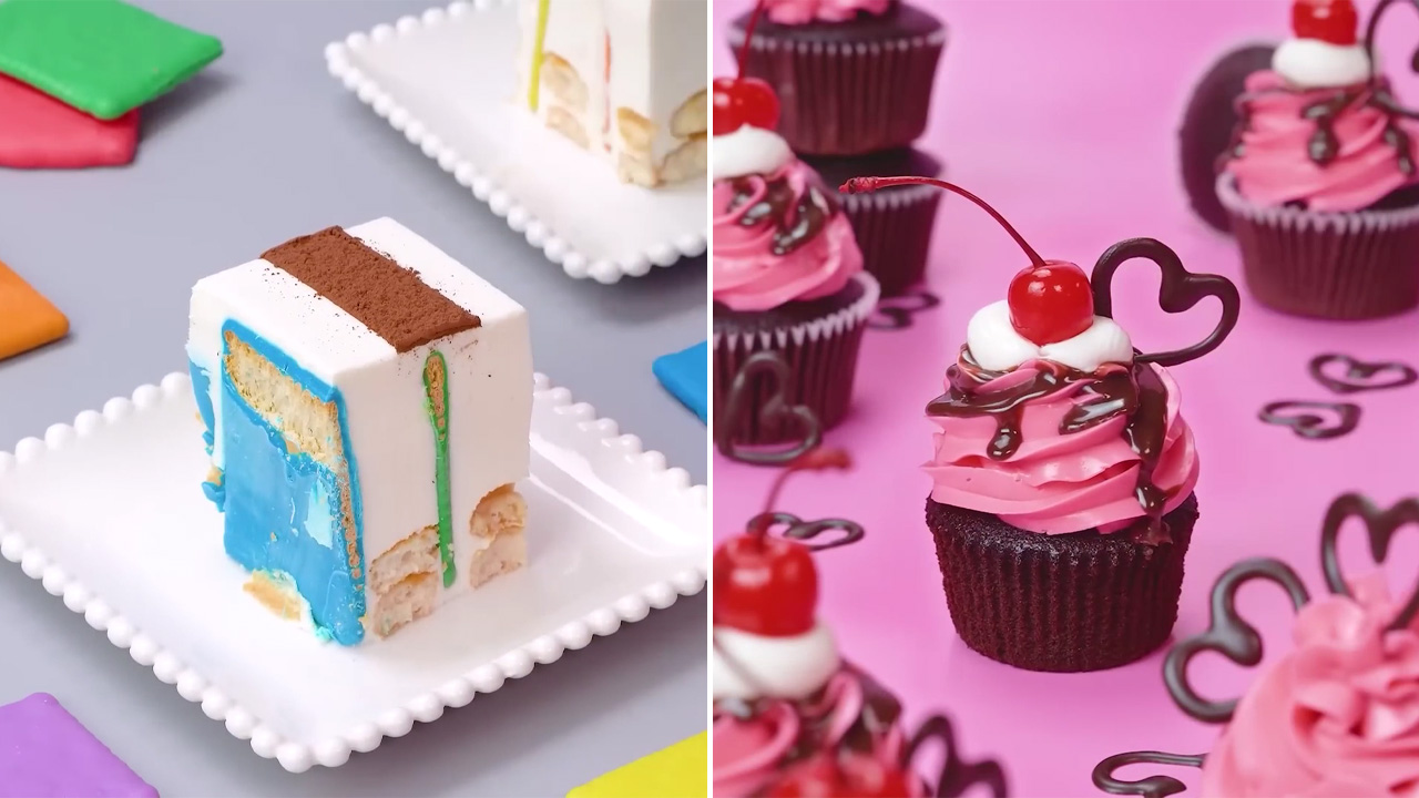 Colorful Cake Slice And Cherry Cupcakes