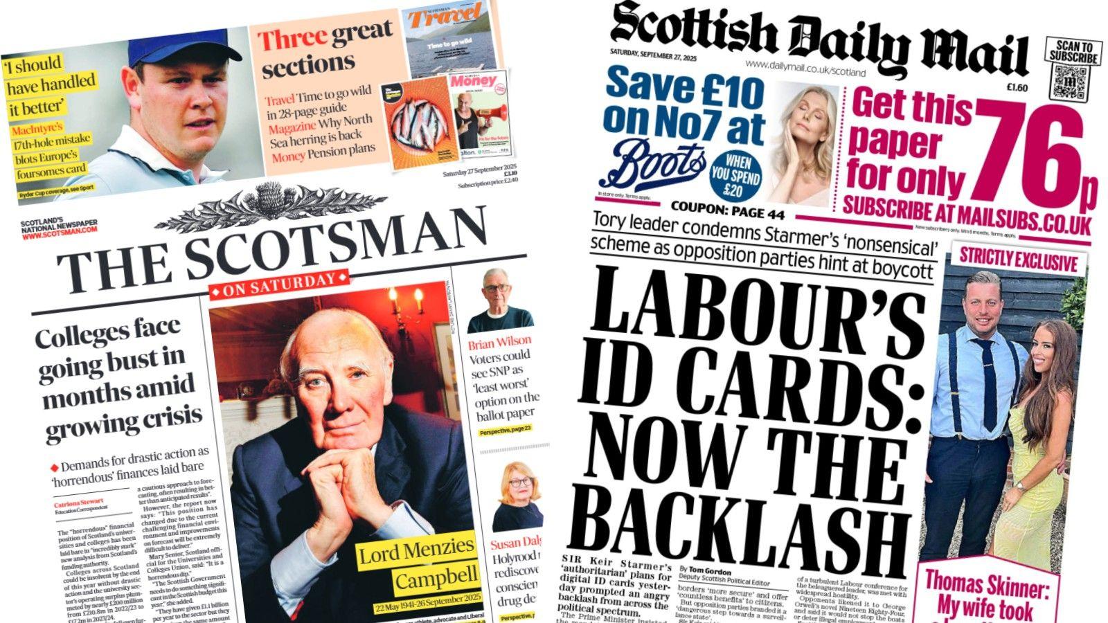 Scotland's papers: College funding 'crisis' and ID cards backlash