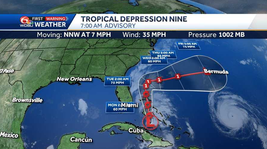 Tropical Depression Nine nears Cuba, heavy rain for Bahamas