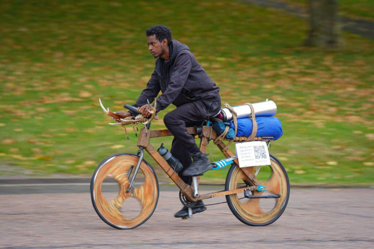 Student travels 780 miles across UK – on handmade wooden bike