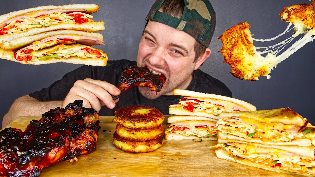 Mukbang ASMR Korean Street Toasts, Cheesy Potato Patties & Sticky ...