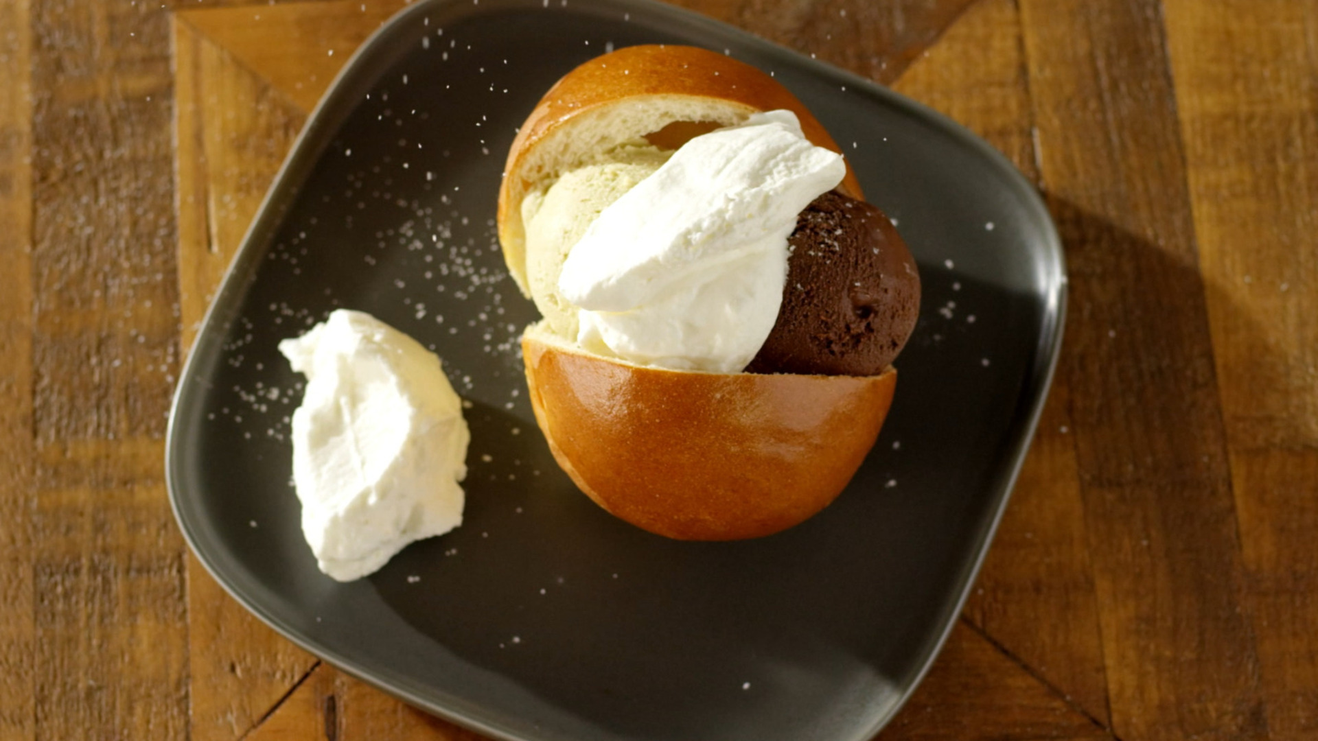 Calabrian brioche with gelato, pistachio & whipped cream