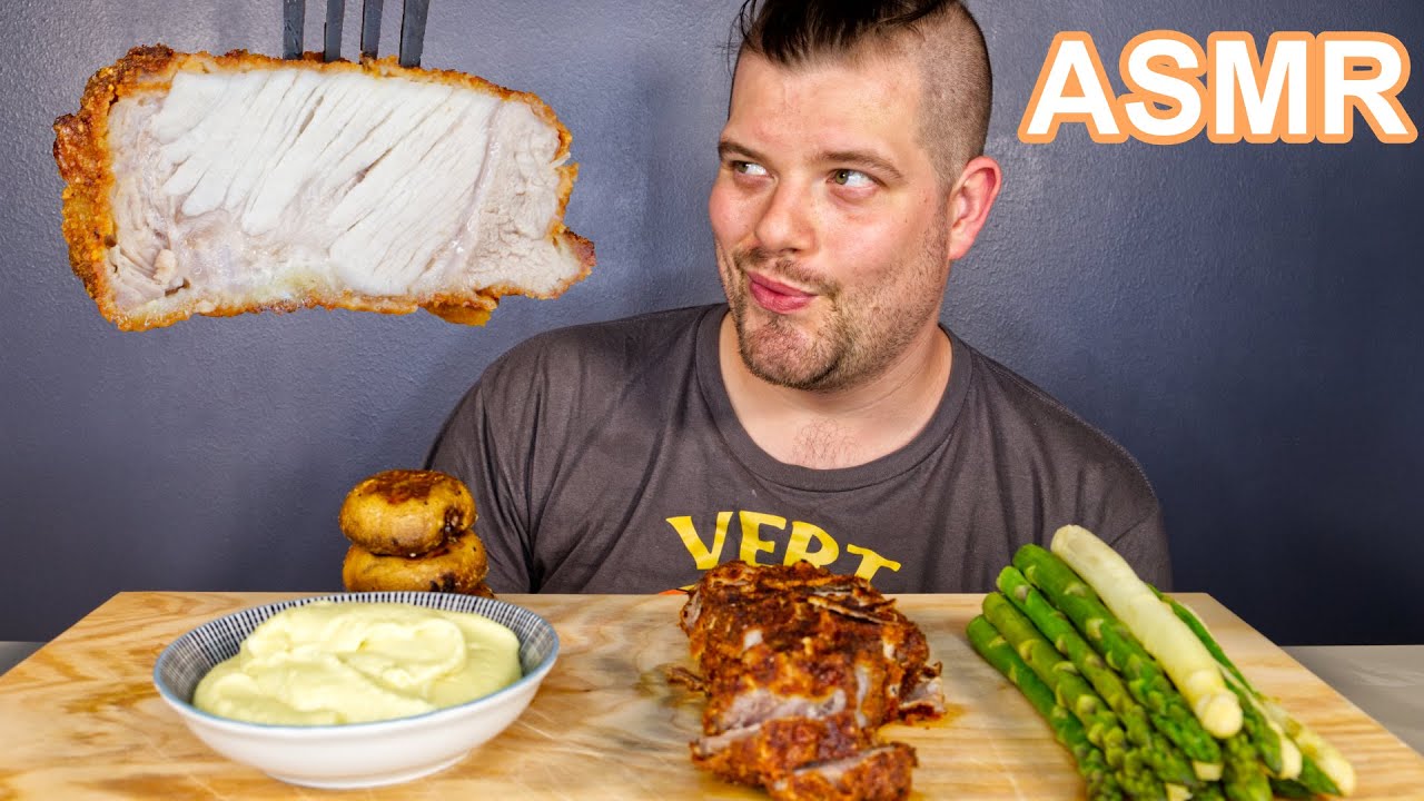 ASMR Mukbang Crispy Breaded Pork Chop with Creamy Mash, Asparagus ...