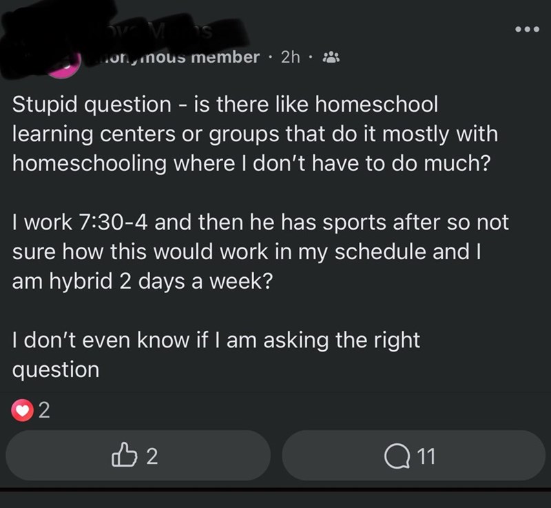 Homeschool mom inquires about homeschool groups that go from 7:30-4 ...