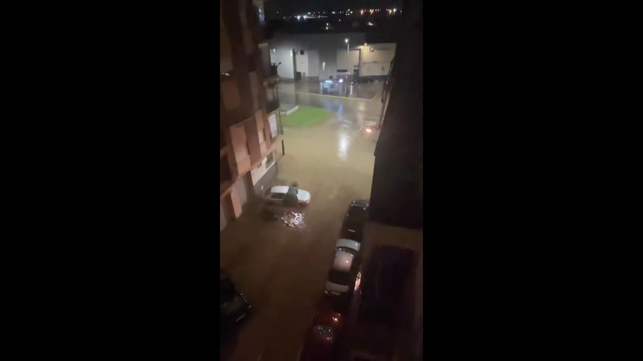 Heavy rain floods streets in Manises, Valencia, Spain