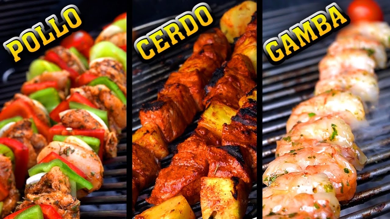 Deliciosas brochetas: pollo, cerdo y gamba en minutos