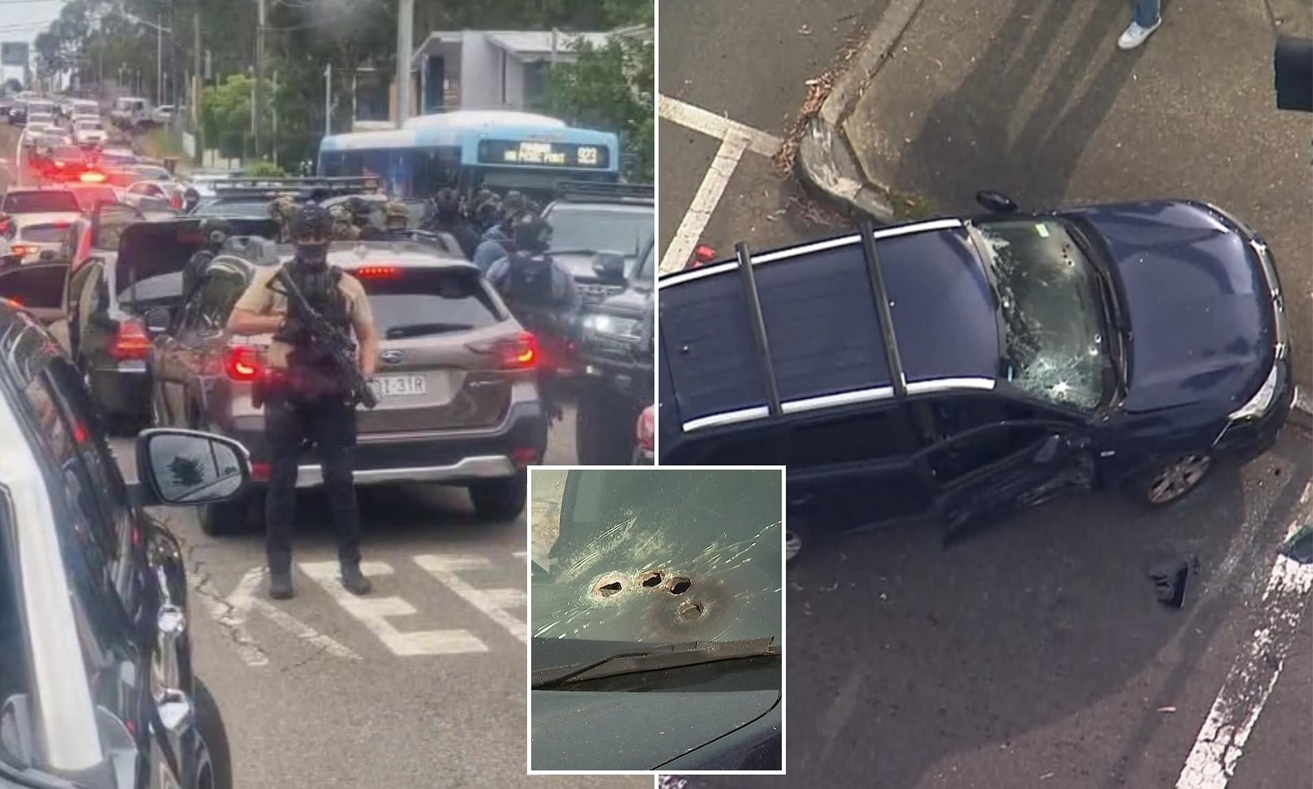 Heavily armed tactical police stop traffic and open fire on black Mercedes