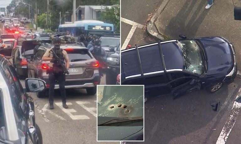Heavily armed tactical police stop traffic and open fire on black Mercedes