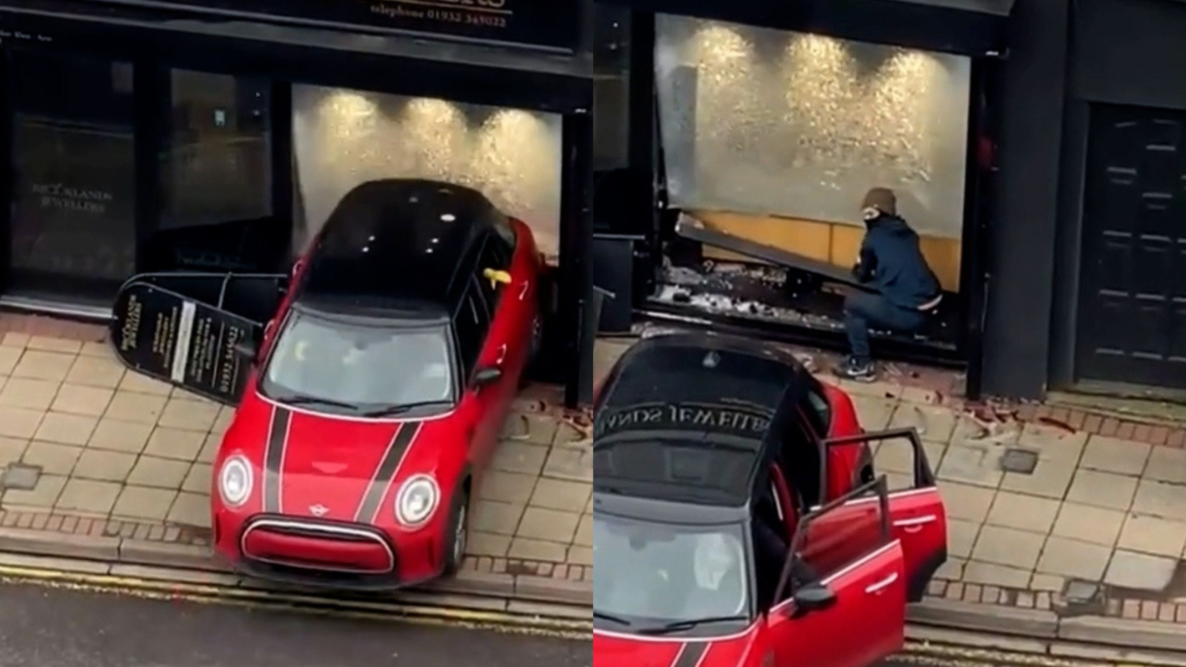Dramatic moment burglars use stolen Mini to ram-raid Surrey jewellers