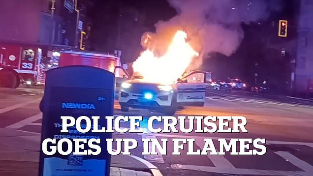 Cop car goes up in flames after being struck with fireworks