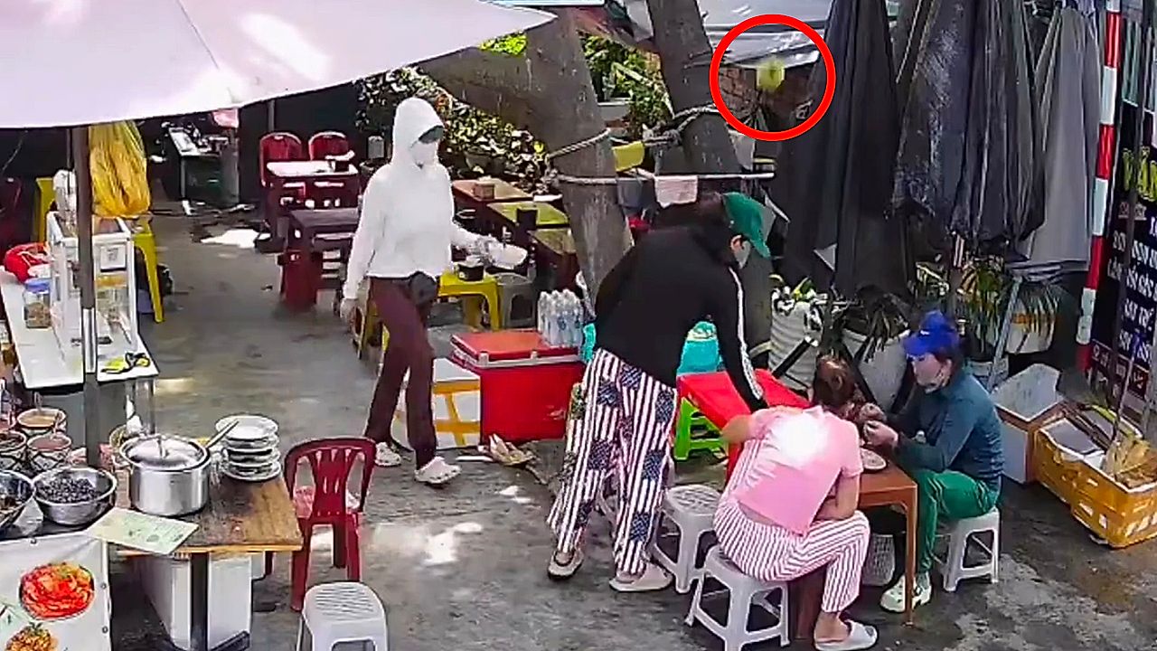 Huge fruit suddenly falls onto restaurant customers