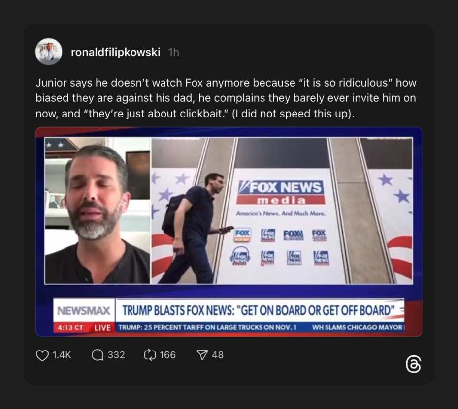 A high-speed Don Jr is mad at Fox News
