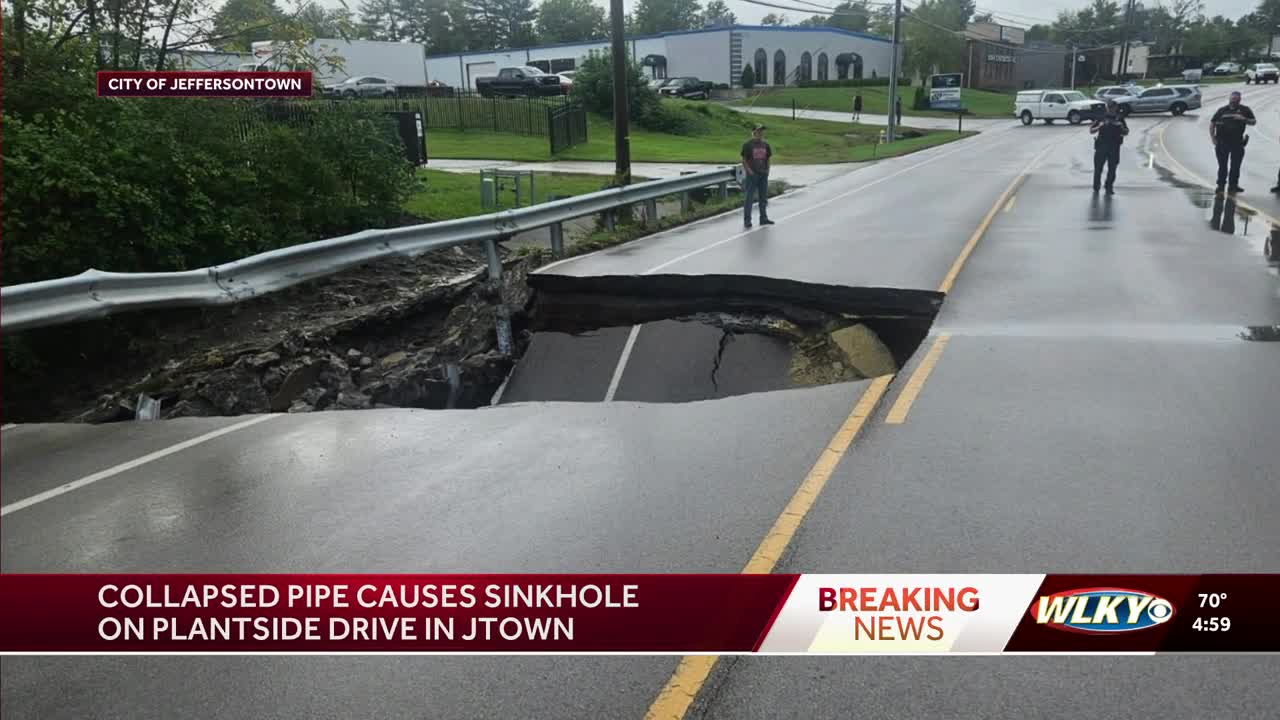 Collapsed pipe causes sinkhole on Plantside Drive in Jeffersontown